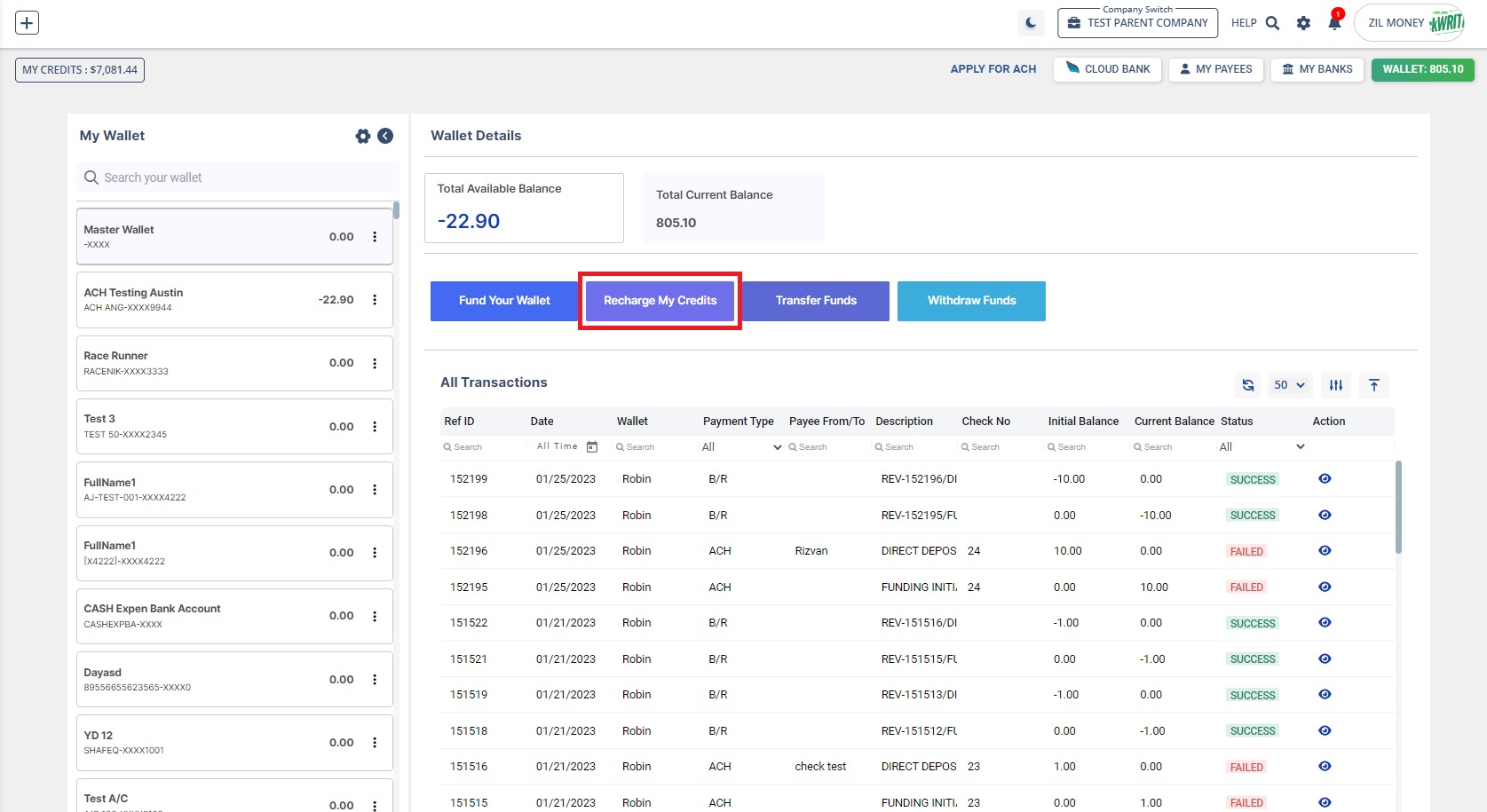 How to Recharge My Credits using wallet?